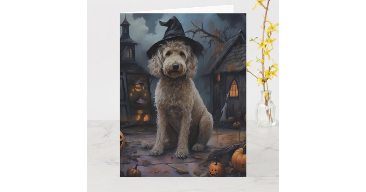 Goldendoodle Pumpkins Halloween Scary Card | Zazzle