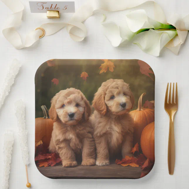 Goldendoodle Puppy Autumn Delight Pumpkin Paper Plates | Zazzle