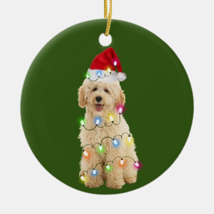 Goldendoodle With Christmas Scafts Santa Hat Ceramic Ornament | Zazzle