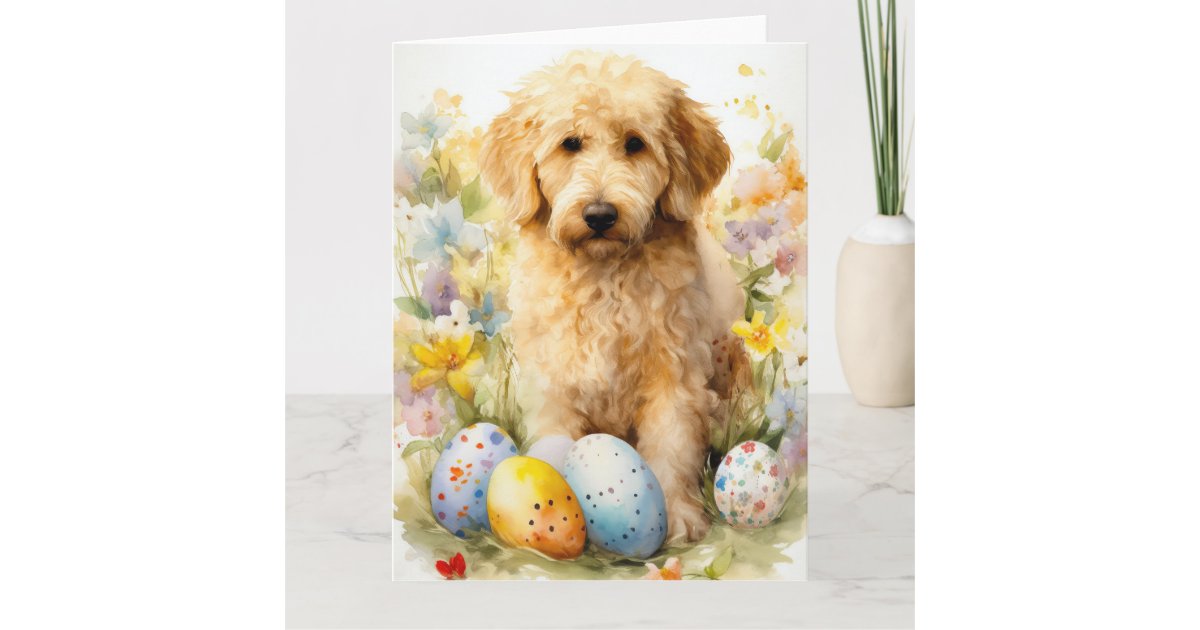 Goldendoodle with Easter Eggs Card | Zazzle