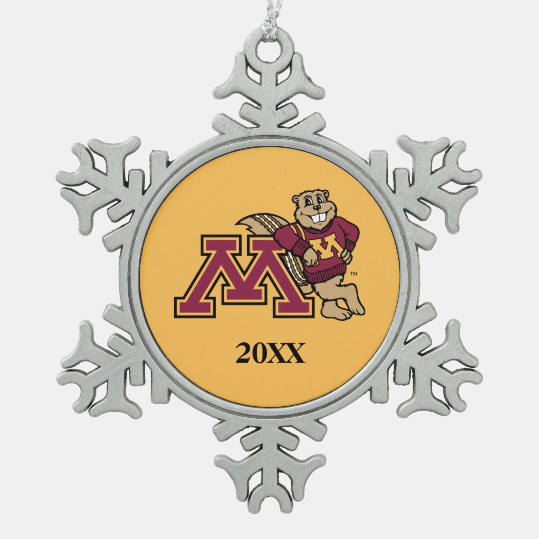 Goldy Gopher & Minnesota M Snowflake Pewter Christmas Ornament | Zazzle