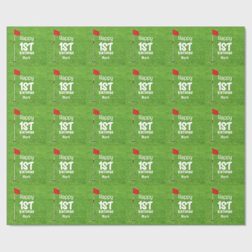 Golf 1st Birthday with golf flag on green Wrapping Paper | Zazzle