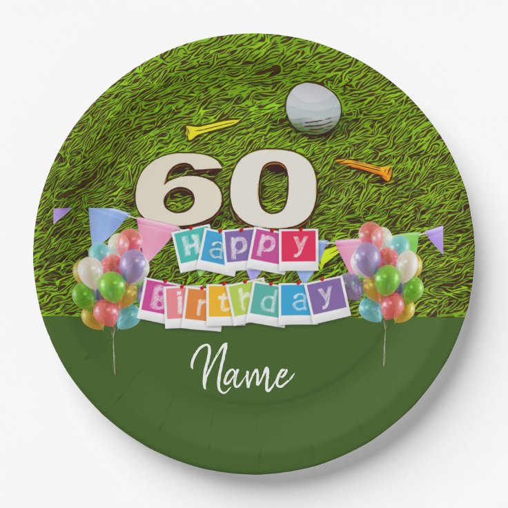 Golf 60th birthday golfer with balloon on green paper plates | Zazzle