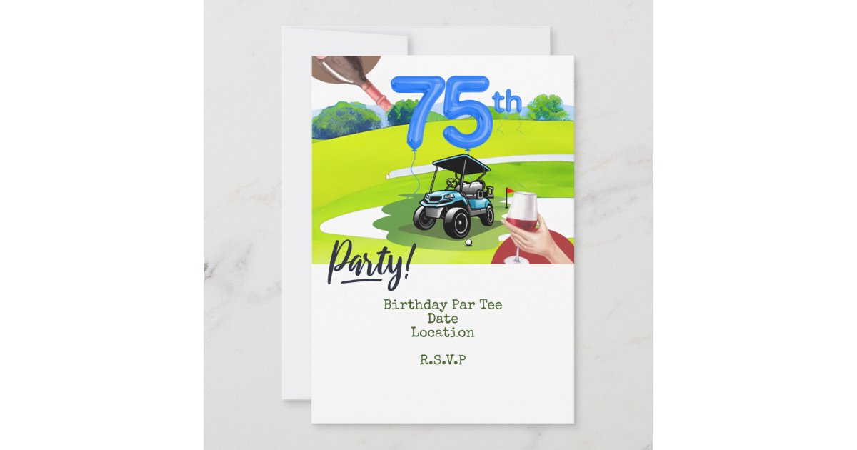 Golf 75th Birthday for golfer with golf cart Invitation | Zazzle