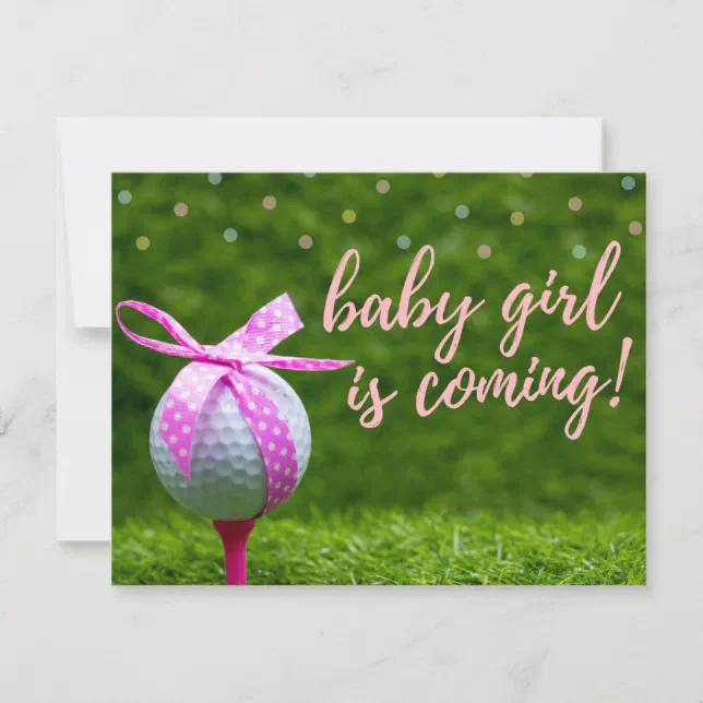 Golf baby girl is coming with ball pink ribbon inv invitation | Zazzle