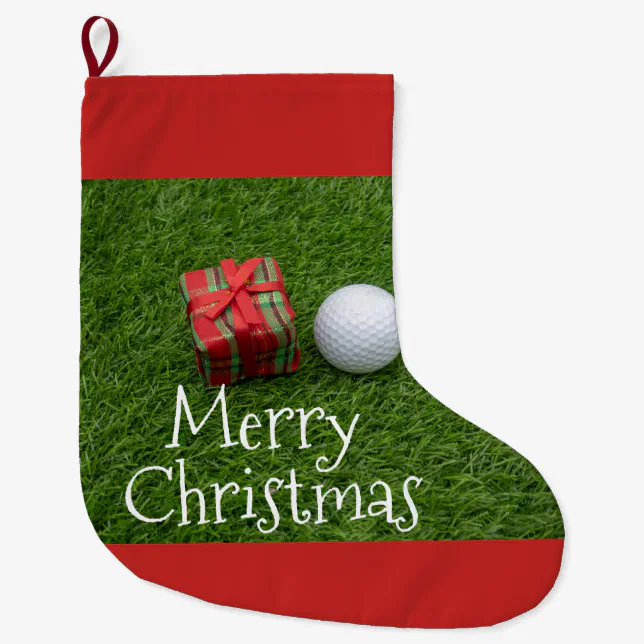 Golf ball and Christmas Present on green grass Large Christmas Stocking ...