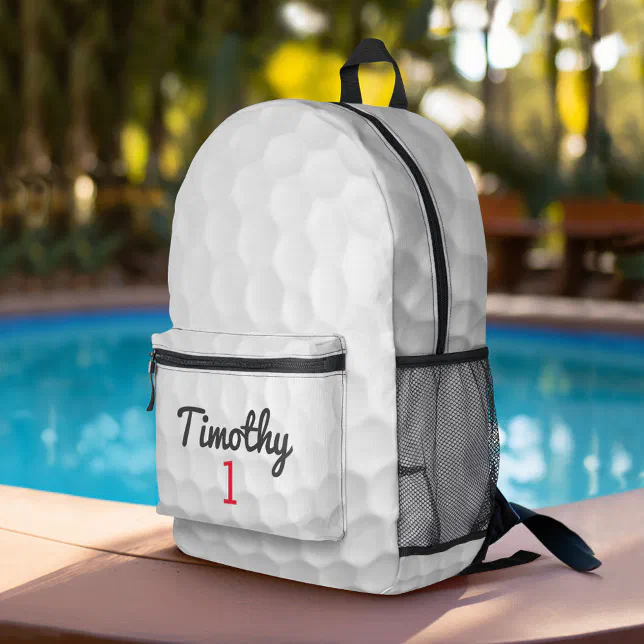 Golf Ball Dimples with Black Name Red Number Printed Backpack | Zazzle