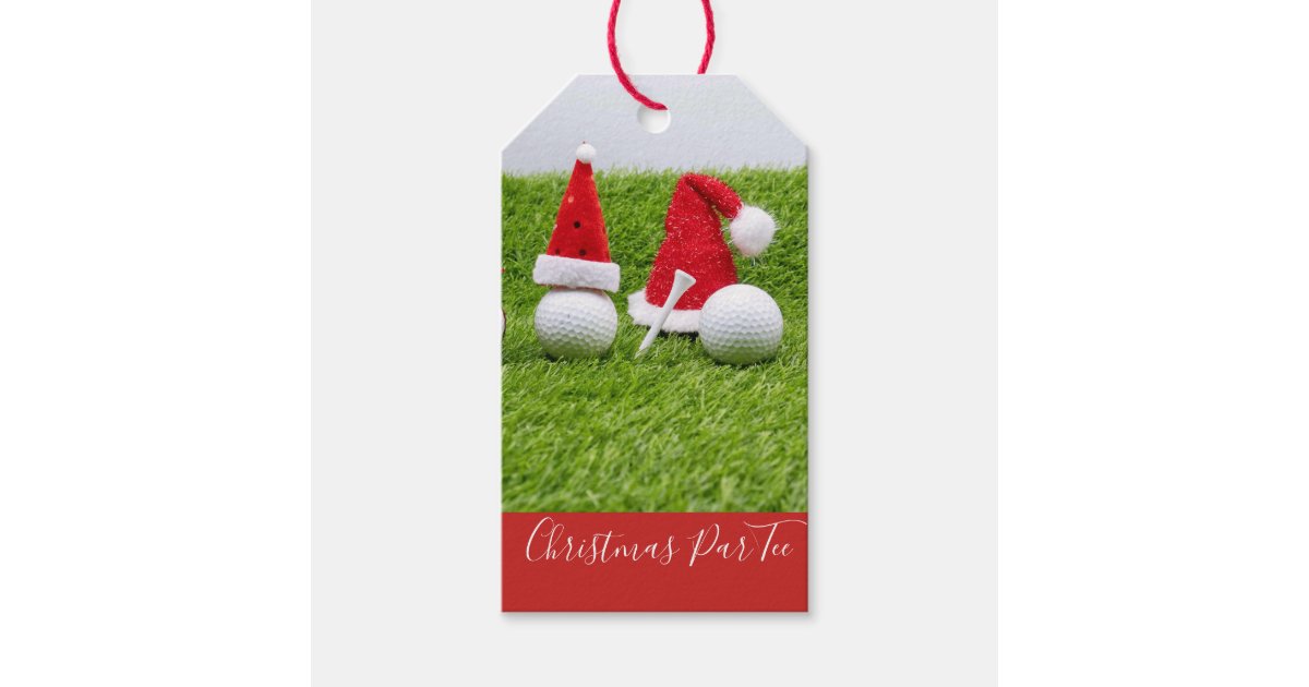 Golf balls with Santa hats Christmas are on green Gift Tags | Zazzle