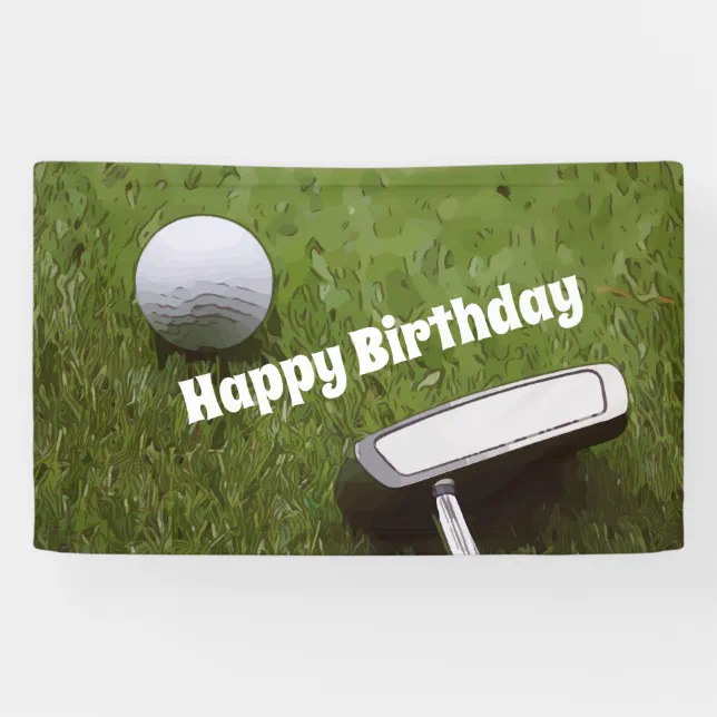 Golf birthday with golf ball and putter on green banner | Zazzle