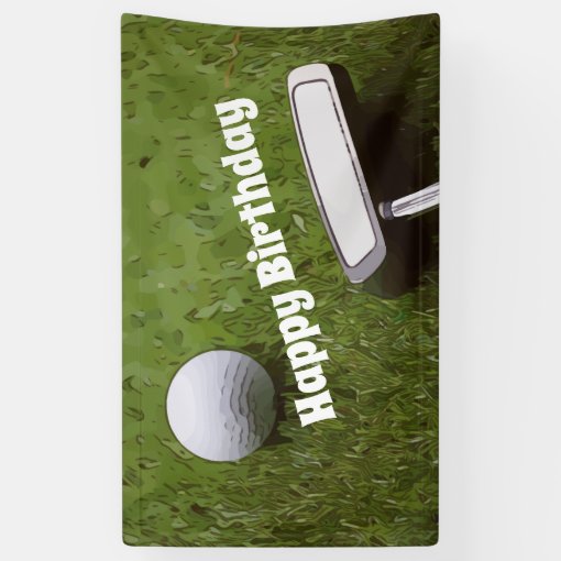 Golf birthday with golf ball and putter on green banner | Zazzle
