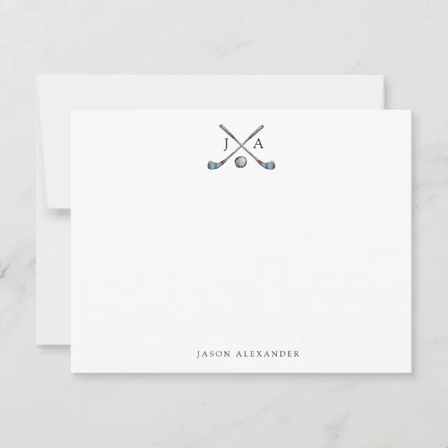 Golf clubs and Ball with Initials Flat Note Card | Zazzle
