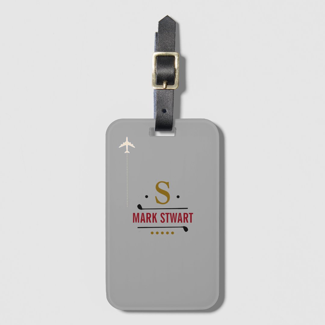 golf clubs, name & initial on gray monogrammed luggage tag | Zazzle