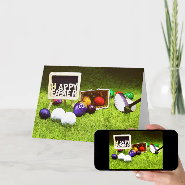 Golf Easter with club and egg golf balls on green Holiday Card | Zazzle