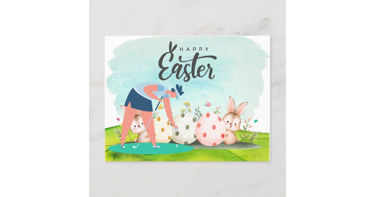 Golf Easter with golf ball and egg for golfer Holiday Postcard | Zazzle