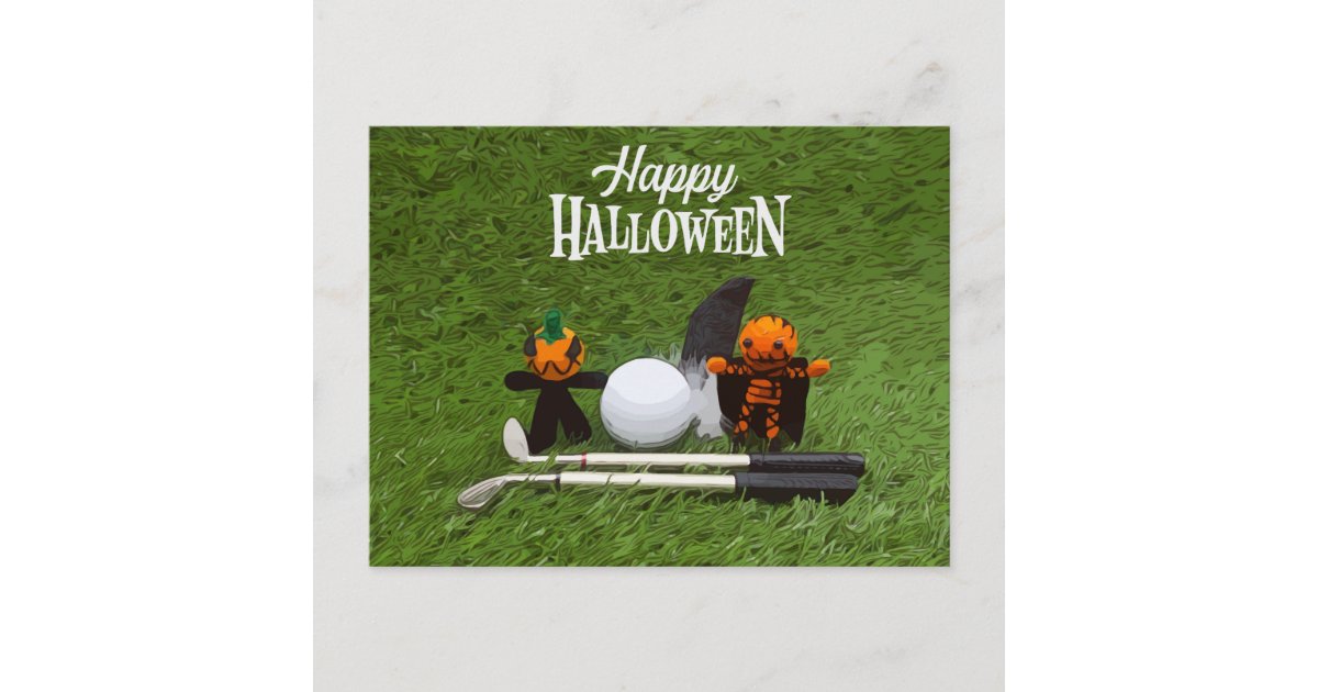 Golf Halloween Day with golf ball pumpkin ghost Postcard | Zazzle