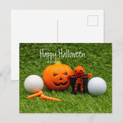 Golf Halloween Day with golf ball pumpkin ghost Postcard | Zazzle