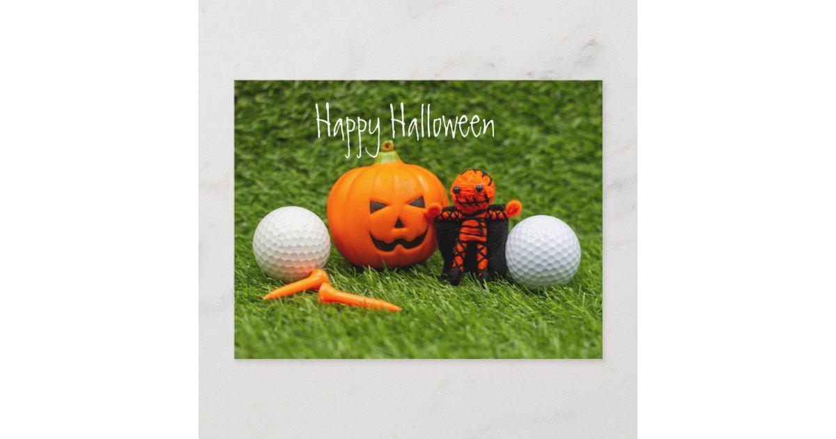 Golf Halloween Day with golf ball pumpkin ghost Postcard | Zazzle