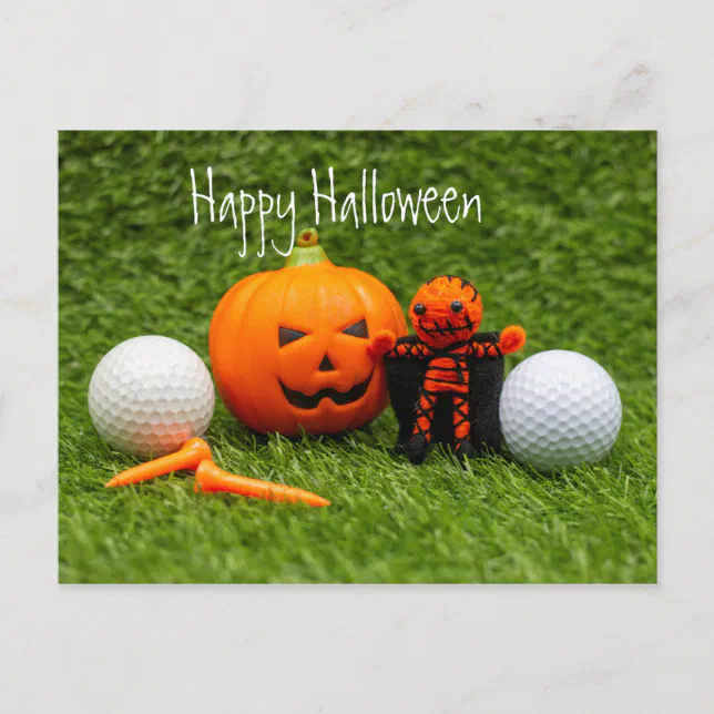 Golf Halloween Day with golf ball pumpkin ghost Postcard | Zazzle