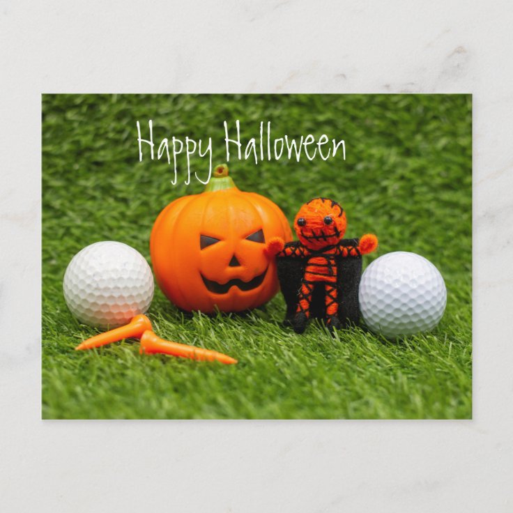 Golf Halloween Day with golf ball pumpkin ghost Postcard | Zazzle