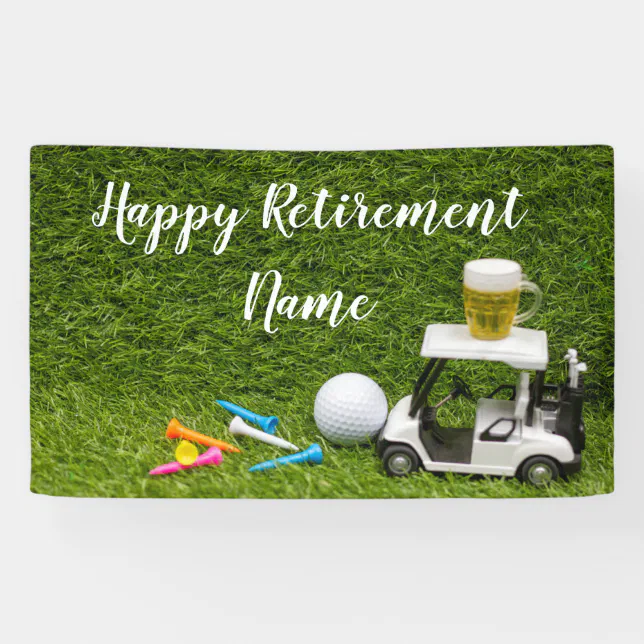Golf happy retirement with golf ball and beer banner | Zazzle