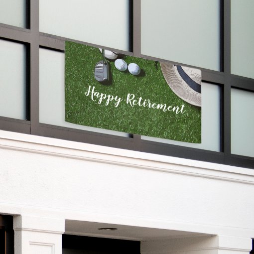 Golf happy retirement with golf ball and putter ba banner | Zazzle