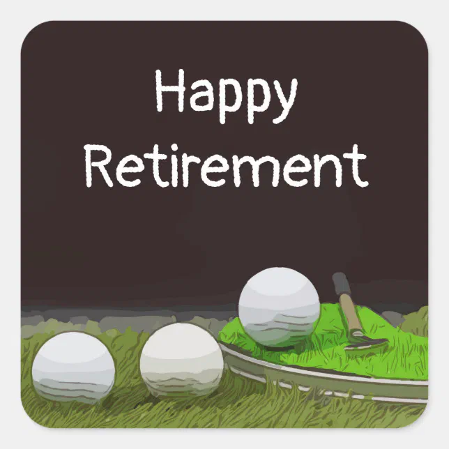 Golf happy retirement with golf ball and tee square sticker | Zazzle