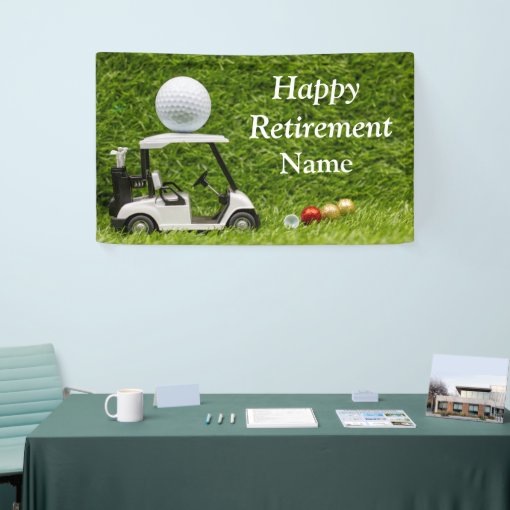 Golf happy retirement with golf cart and ball banner | Zazzle