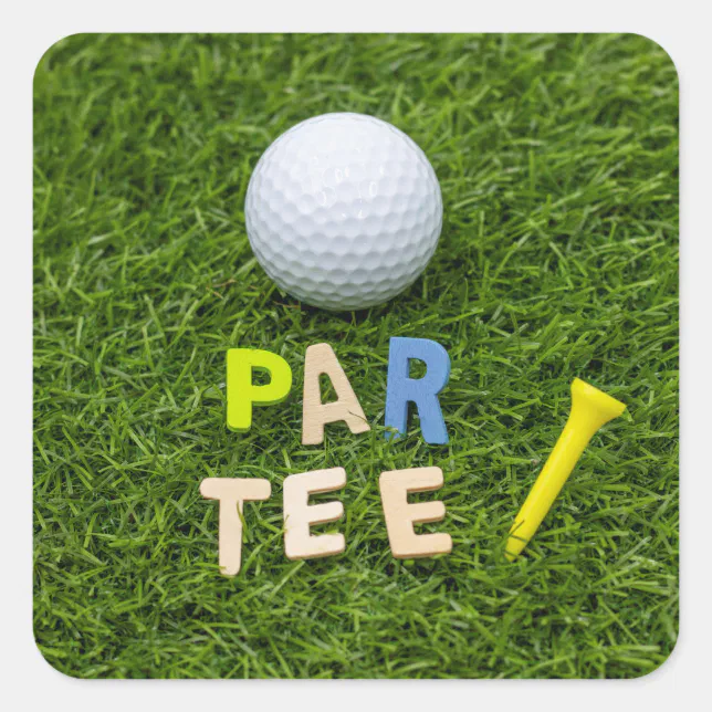 Golf let's par tee with golf ball and tee on green square sticker | Zazzle