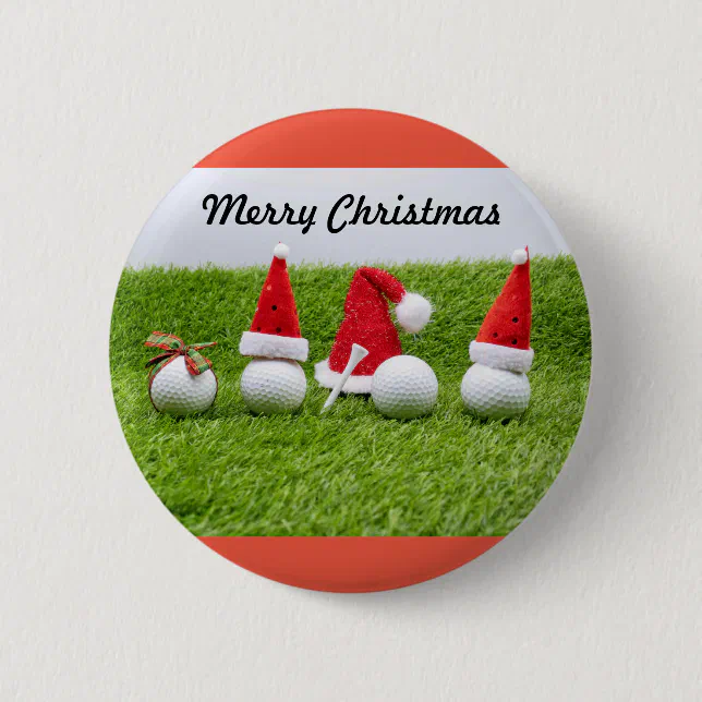 Golf Merry Christmas with golf ball Santa Hat Button | Zazzle