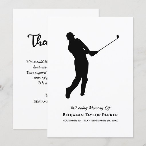 Golf Player Bereavement Sympathy Funeral Memorial Thank You Card | Zazzle