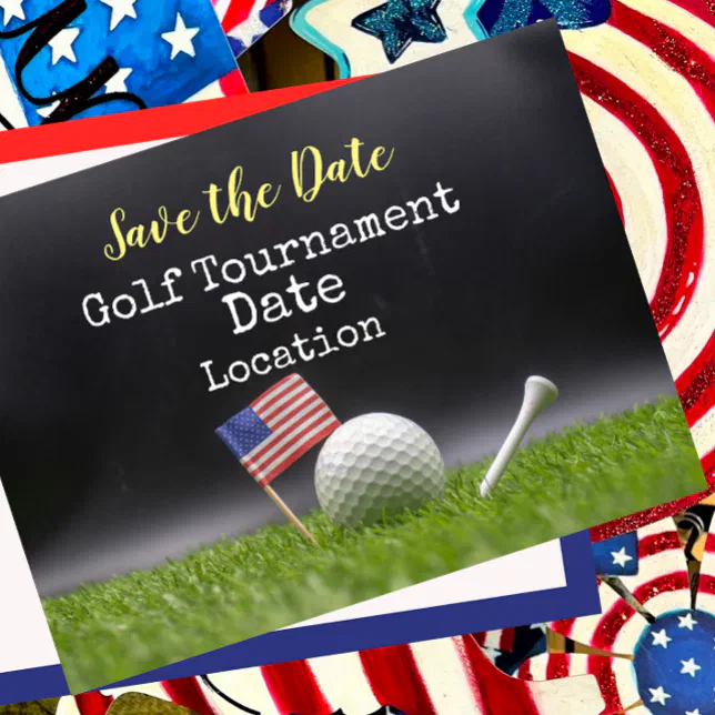 Golf Save the Date with golf ball & American flag Postcard | Zazzle