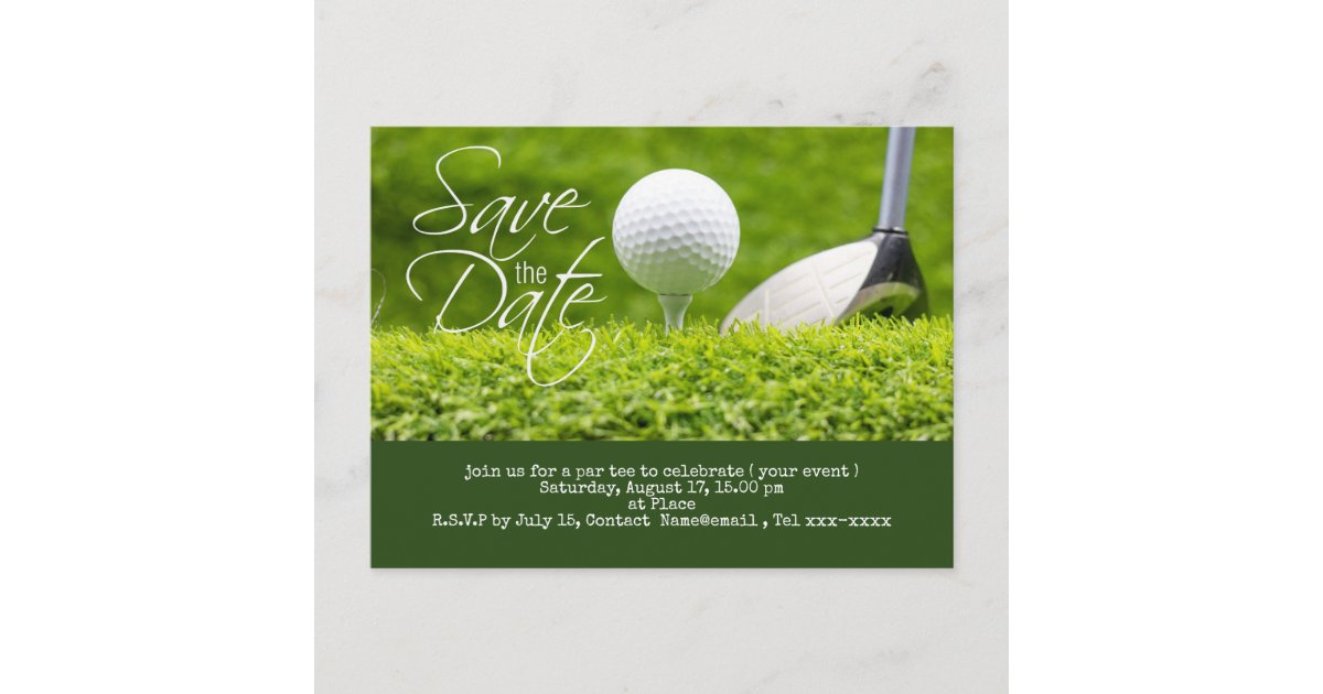 Golf save the date with golf ball and club postcard | Zazzle
