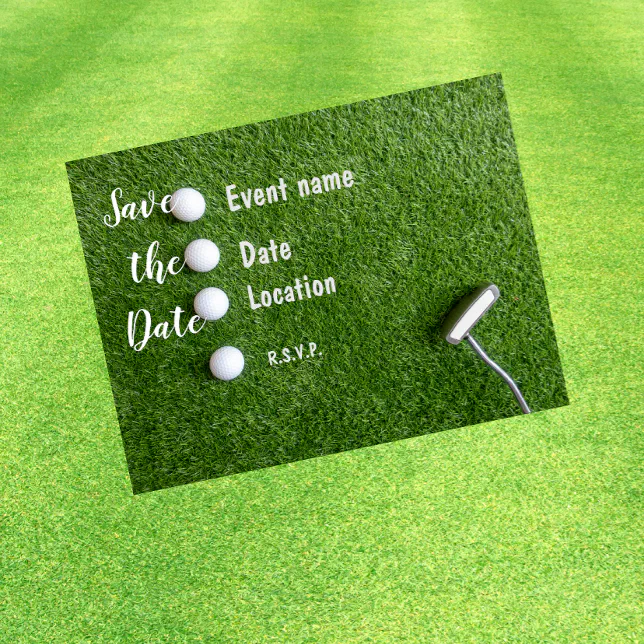 Golf save the date with golf ball on green grass postcard | Zazzle