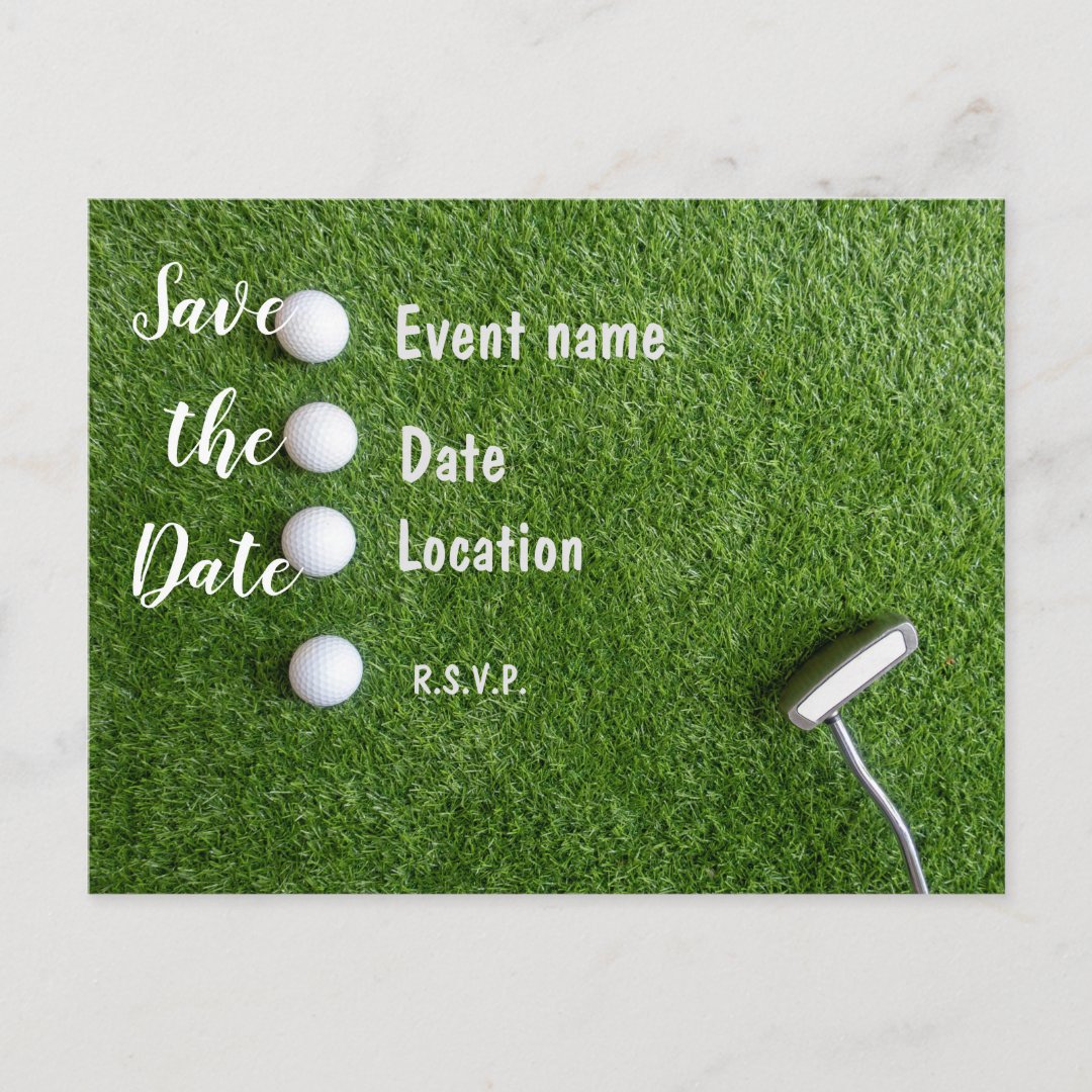 Golf Save the Date with golf balls on green grass Postcard | Zazzle