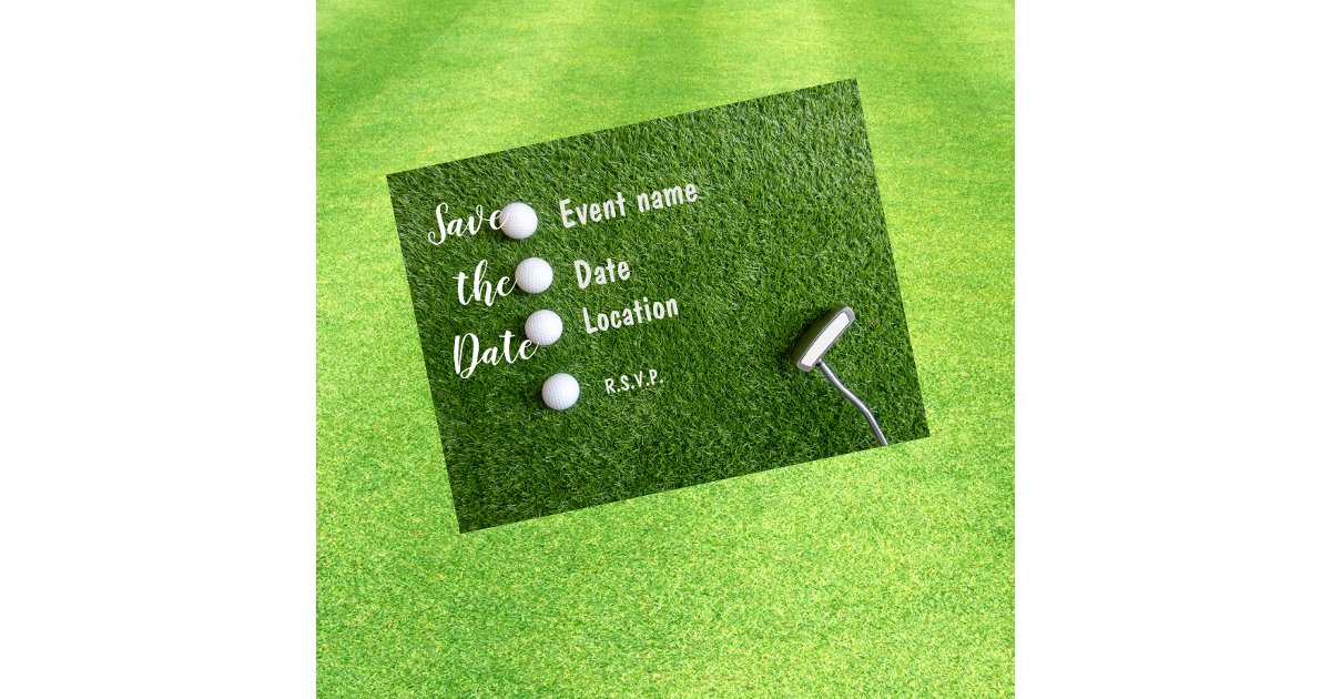 Golf Save the Date with golf balls on green grass Postcard | Zazzle
