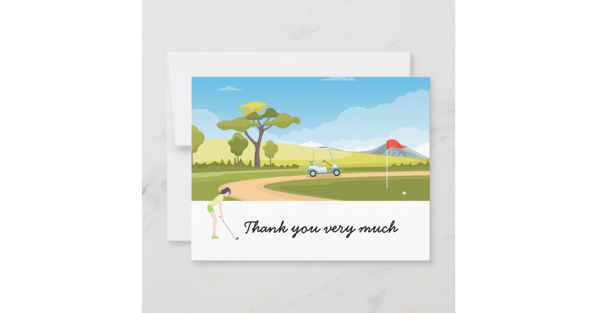 Golf Thank you card with woman golfer at green | Zazzle