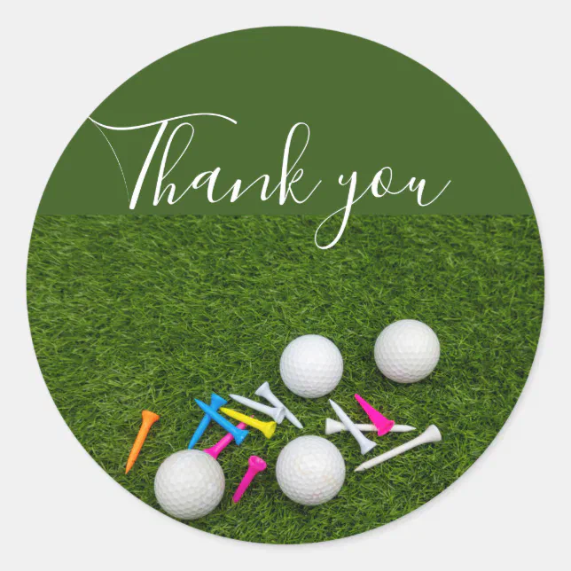 Golf Thank you with golf ball and tees on green Classic Round Sticker ...
