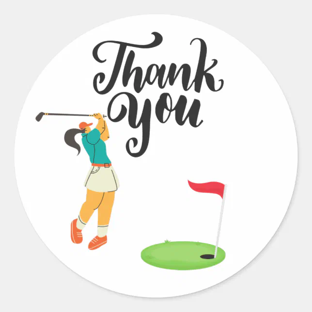 Golf Thank you with text and flag Golfer Woman Classic Round Sticker ...