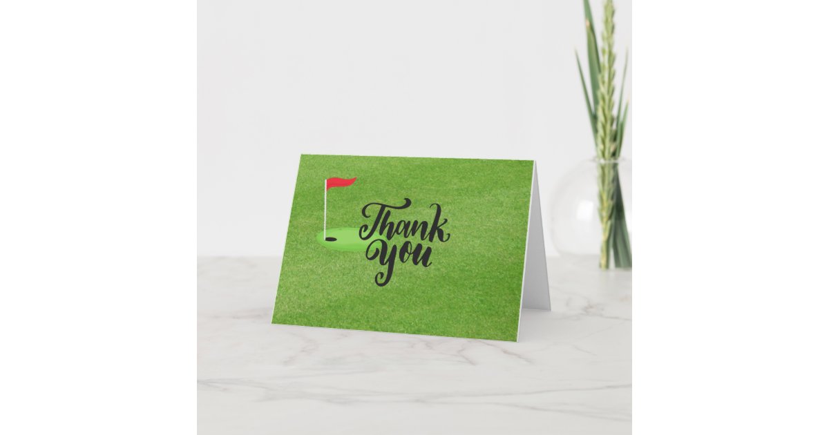Golf Thank you with text and flag on green grass Card | Zazzle
