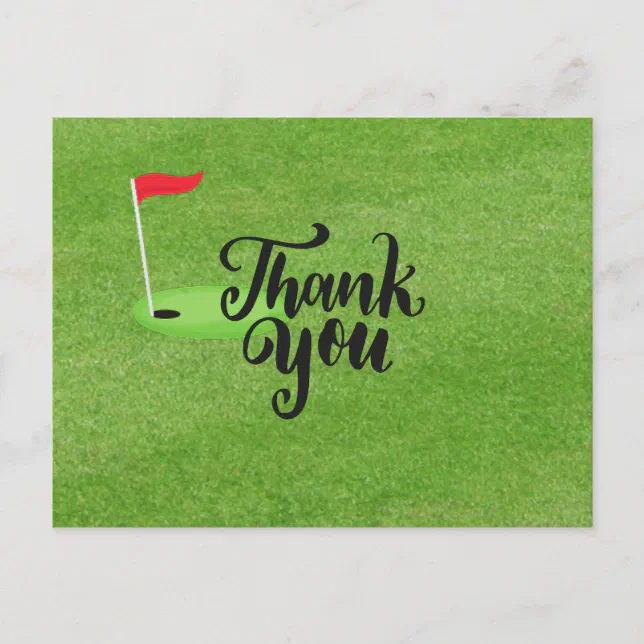 Golf Thank you with text and flag on green grass Postcard | Zazzle