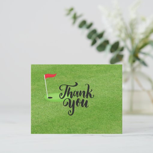 Golf Thank you with text and flag on green grass Postcard | Zazzle