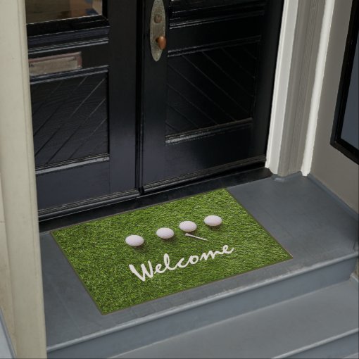 Golf welcome door mat golfer golf balls and tee | Zazzle