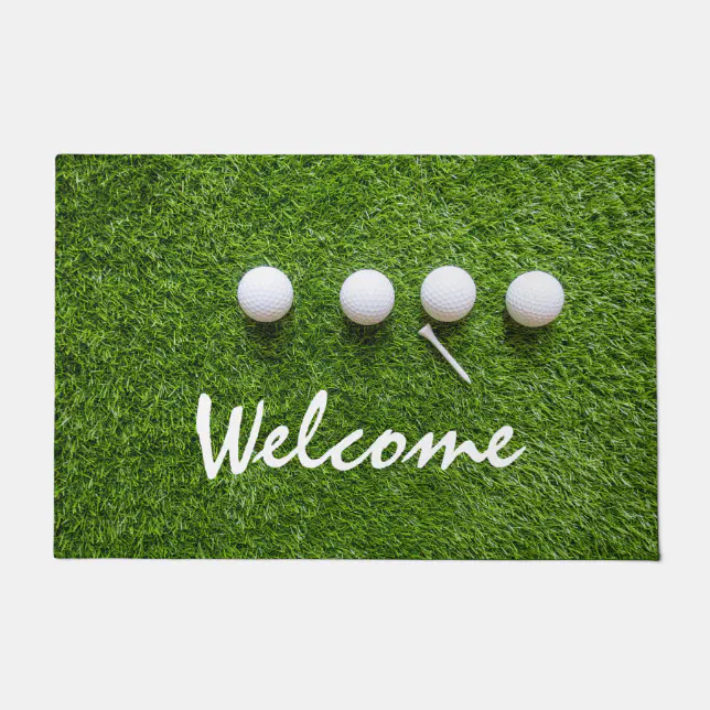 Golf welcome door mat golfer golf balls and tee | Zazzle