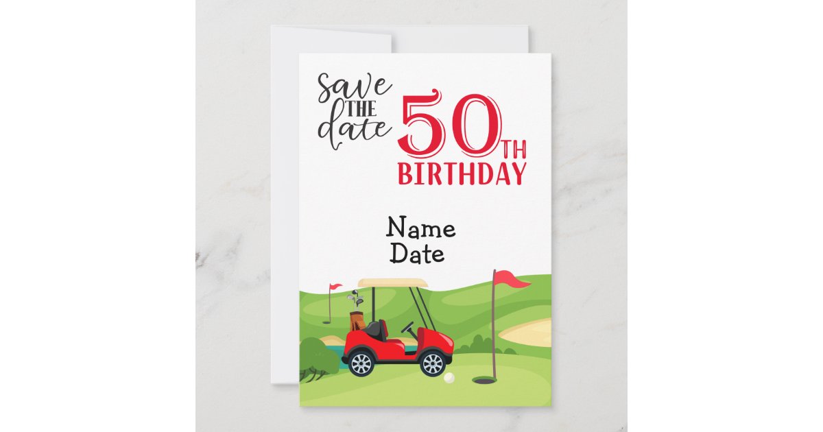 Golfer 50th Birthday with golf cart Save the Date Invitation | Zazzle