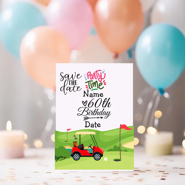 Golfer 60th Birthday with golf cart Save the Date Invitation Postcard ...