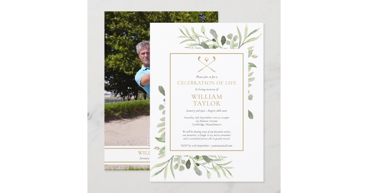 Golfer Funeral Celebration of Life Greenery Photo Invitation | Zazzle