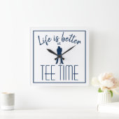 Golfer Golf Course Tee Time White Blue Square Wall Clock | Zazzle