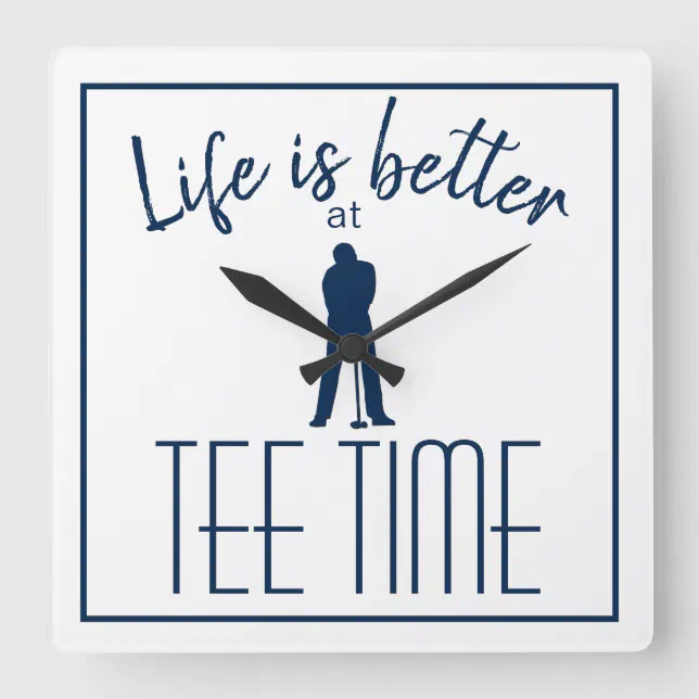 Golfer Golf Course Tee Time White Blue Square Wall Clock | Zazzle