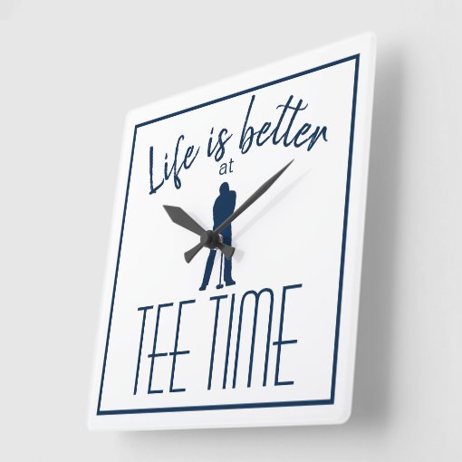 Golfer Golf Course Tee Time White Blue Square Wall Clock | Zazzle