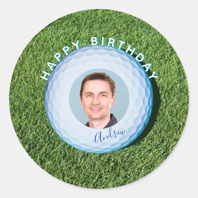 Golfer Photo Signed Golf Ball Birthday Classic Round Sticker | Zazzle